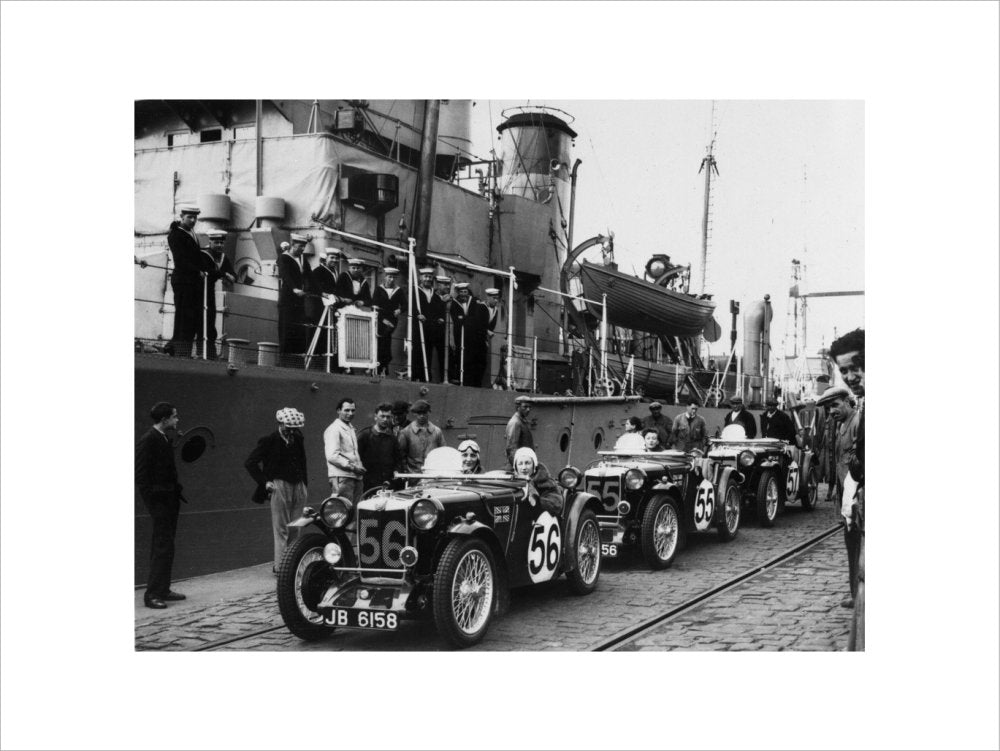 MGs Lined up Beside a Ship 1935 – British Motor Museum